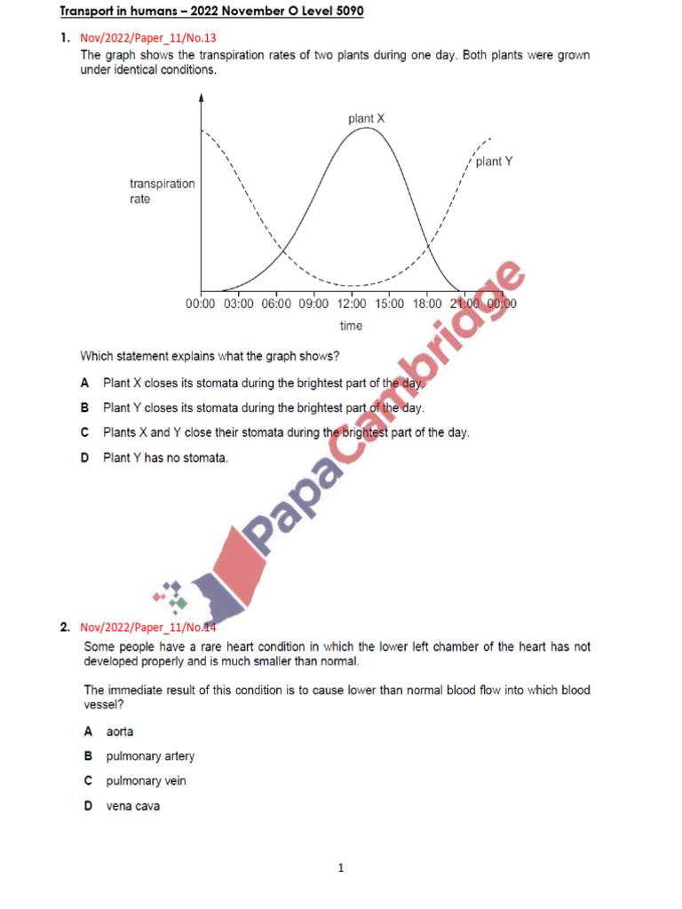 2022N Transport in Humans O Level 5090 Biology | PDF