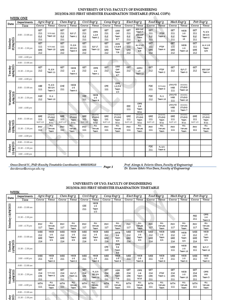 2023-2024-2025 First Semester Exam Timetable - Faculty of Engineering | PDF