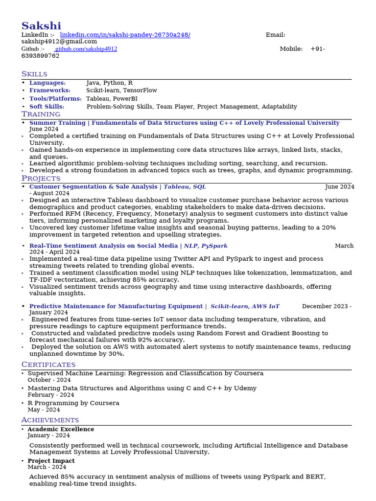 Sakshi_General_CV_pes319_updated now | PDF | Machine Learning | Apache Spark