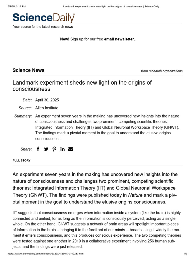 Landmark Experiment Sheds New Light on the Origins of Consciousness ...