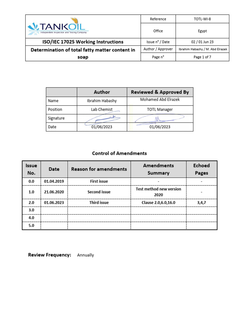 (TOTL-WI-08) Determination of Total Fatty Matter in Soap | PDF | Fatty ...