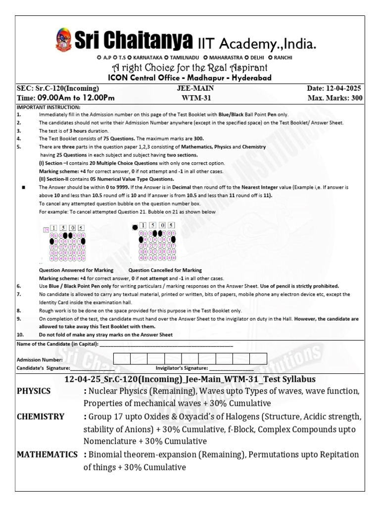 JEE-Main Exam Instructions & Sample Paper | PDF | Chemistry | Chemical ...