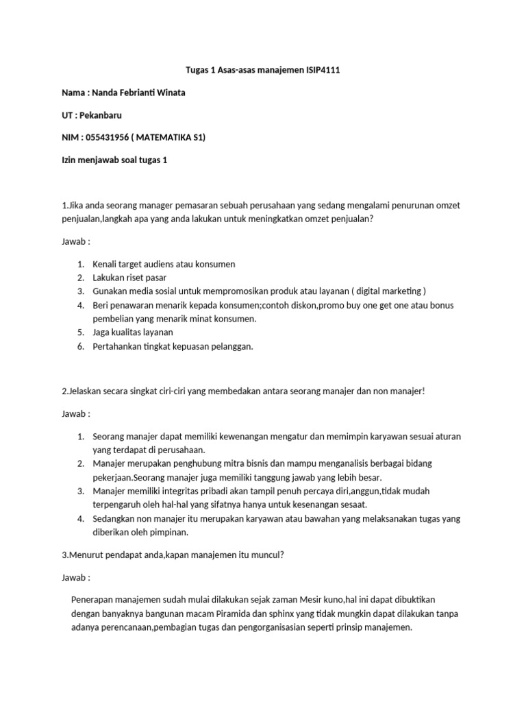 Tugas 1 Sesi 3 Asas Asas Manajemen | PDF