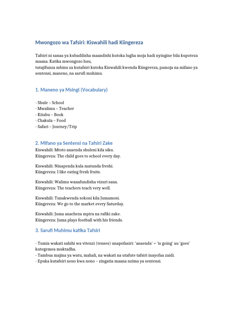 Mwongozo Wa Tafsiri Kiswahili Kiingereza | PDF