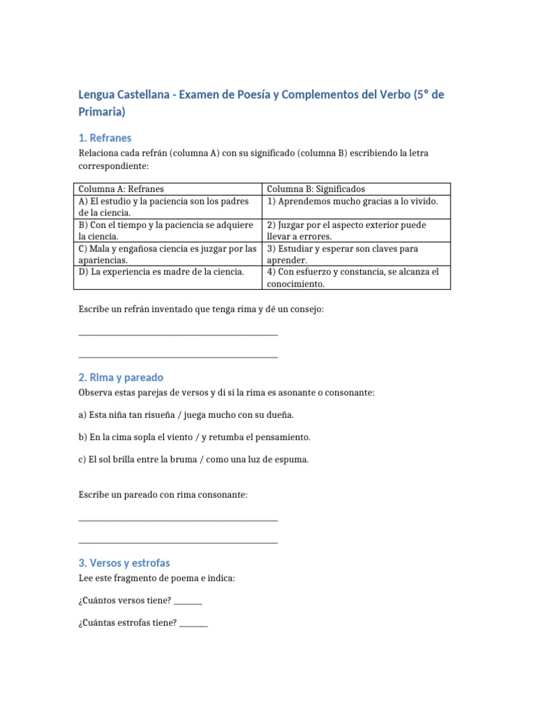 Examen Lengua 5º Primaria Refranes Rimas Complementos | PDF