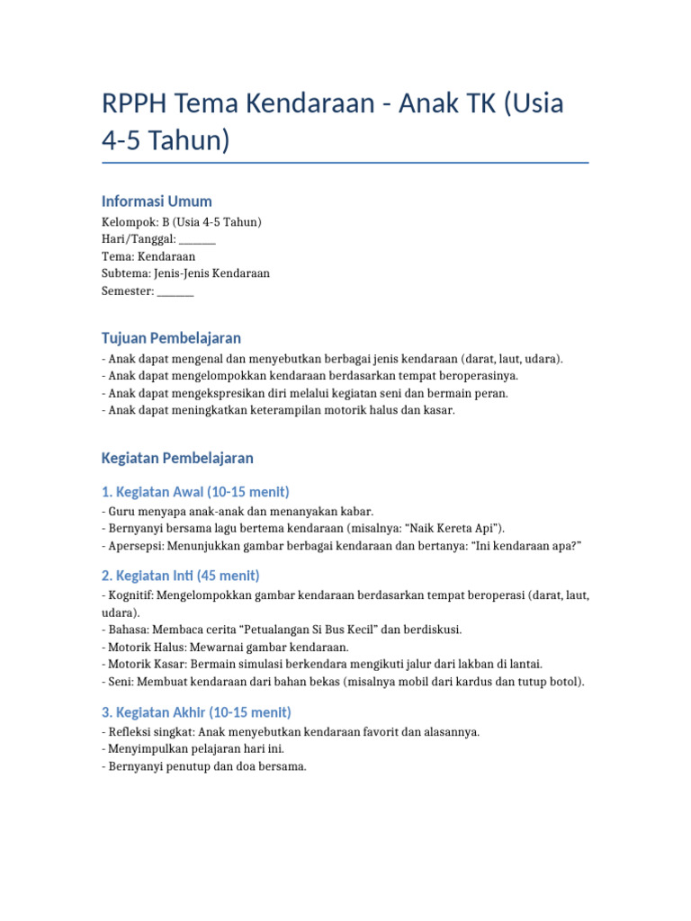 RPPH TK Tema Kendaraan | PDF