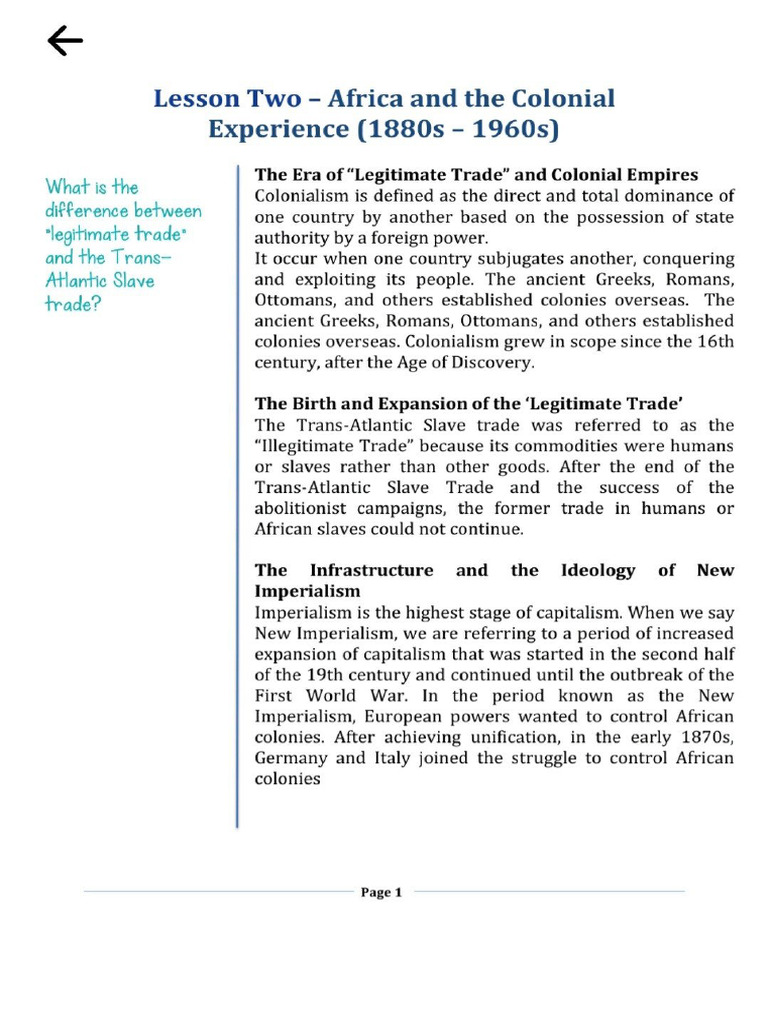 Lesson 2 Africa and The Colonial Experience (1880s - 1960s) | PDF