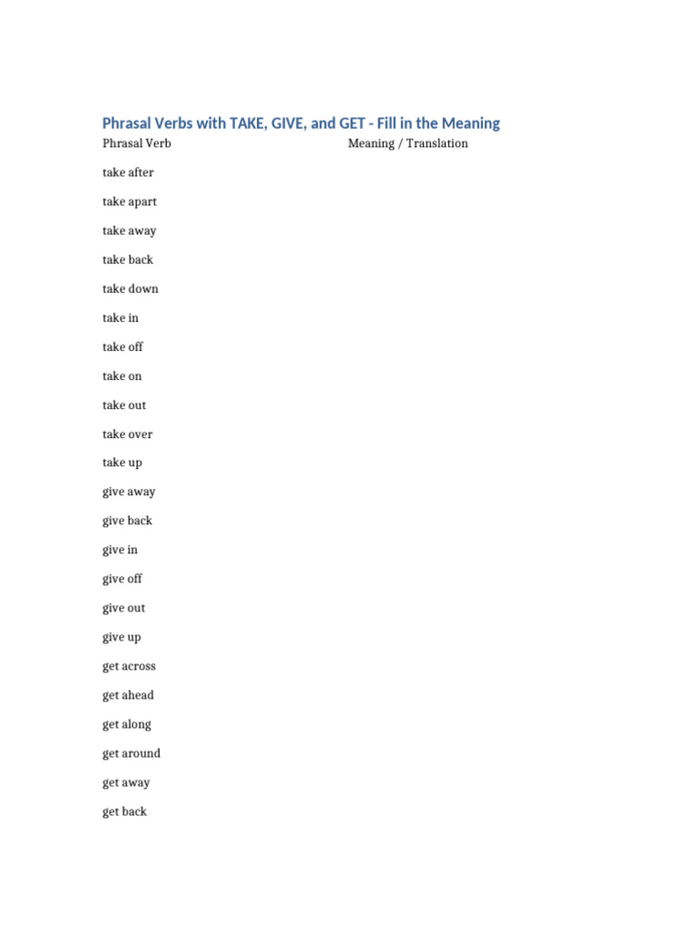 Phrasal Verbs Take Give Get Blank | PDF