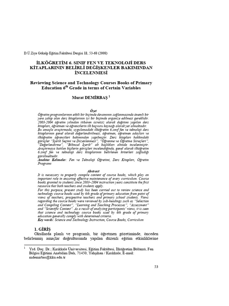 LK Ret M 6. Sinif Fen Ve Teknoloj Ders K Taplarinin Bel RL de Kenler Bakimindan Ncelenmes ...