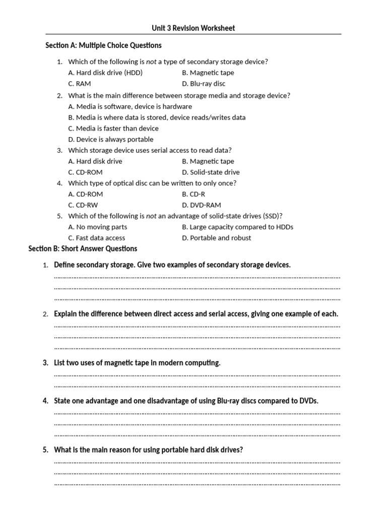 Unit 3 Ict Revision Worksheet No. 2 | PDF | Computer Data Storage | Hard Disk Drive