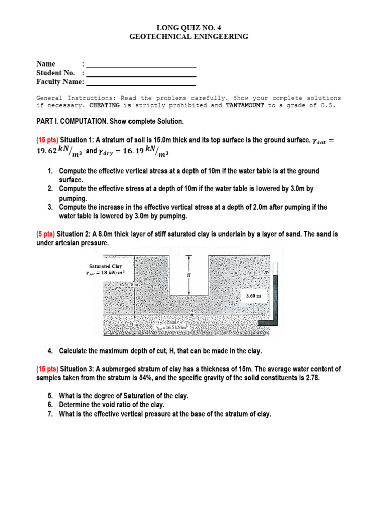 QUIZ 4 Geotech - BLANK | PDF | Soil | Continuum Mechanics