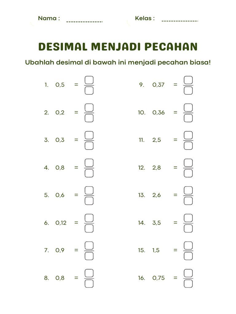 Mengubah Desimal Menjadi Pecahan Lembar Kerja Numerasi Matematika SD ...