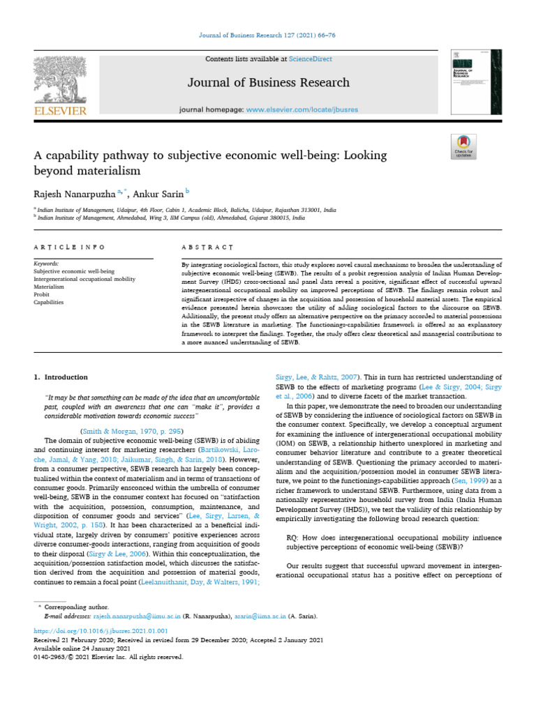 A Capability Pathway To Subjective Economic Wellbeing Looking Beyond ...