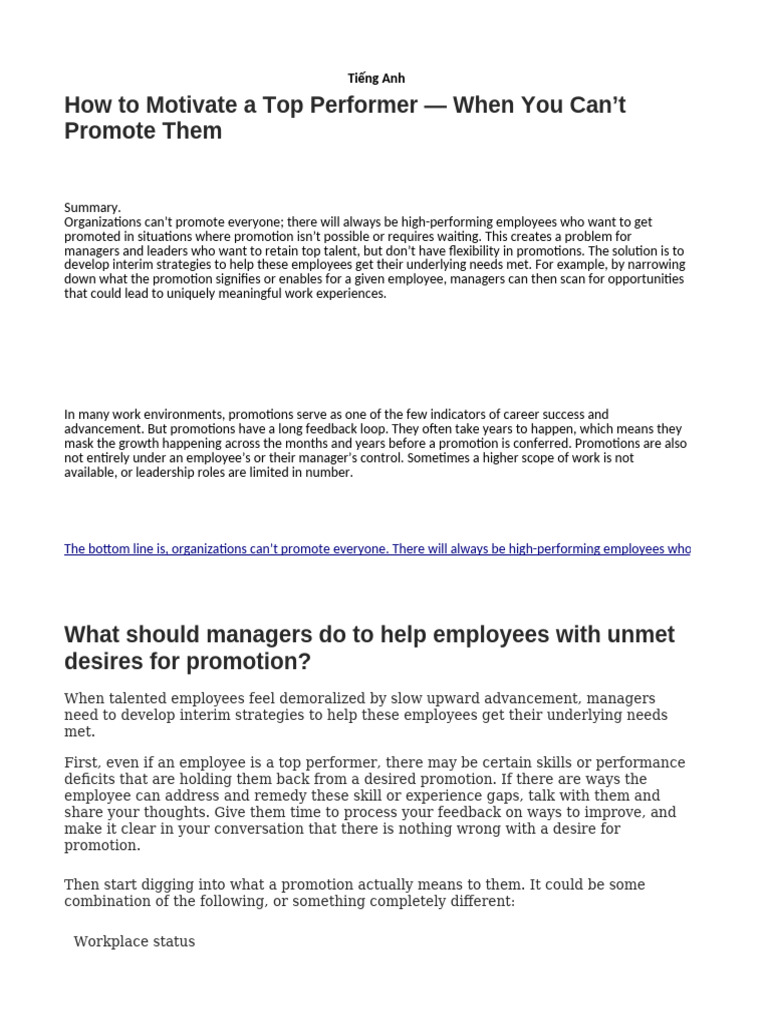 How To Motivate A Top Performer - When You Can't Promote Them | PDF