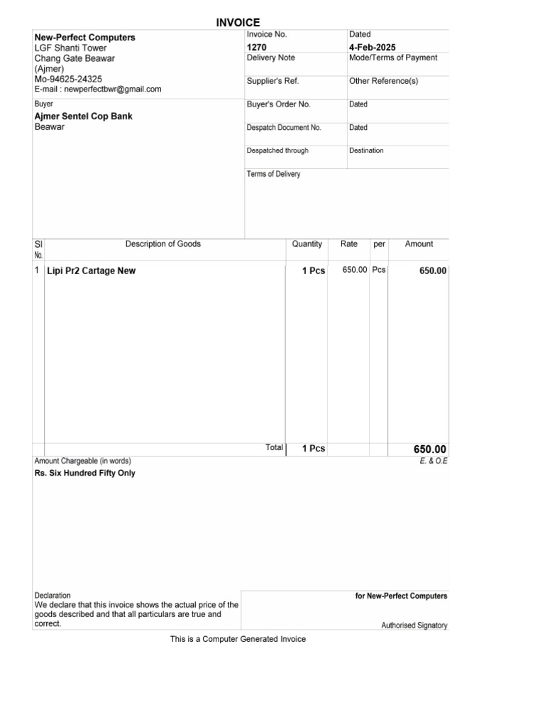 Invoice: LGF Shanti Tower Chang Gate Beawar (Ajmer) Mo-94625-24325 | PDF