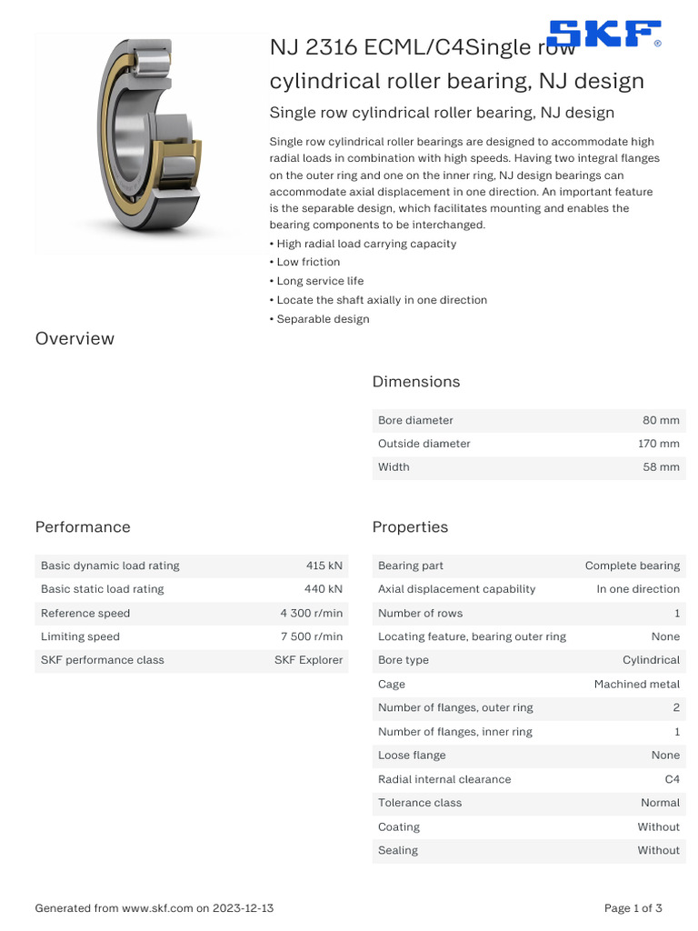 NJ 2316 ECML/C4 Bearing Specifications | PDF | Bearing (Mechanical ...