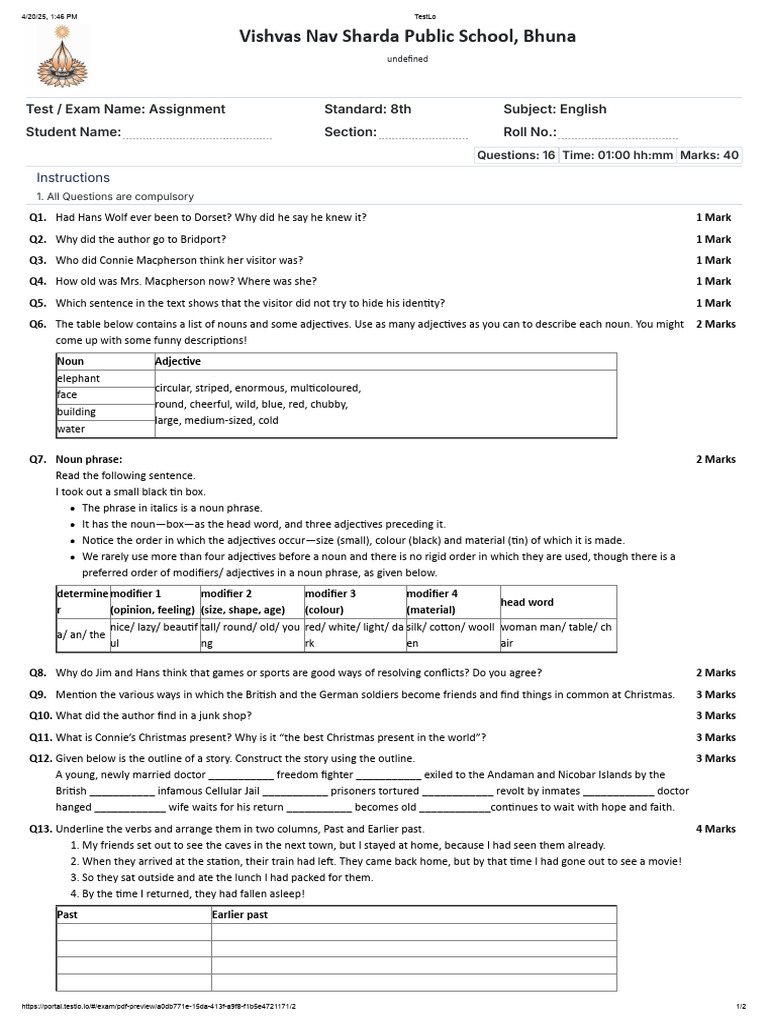English Assignment for 8th Grade Students | PDF | Adjective | Noun