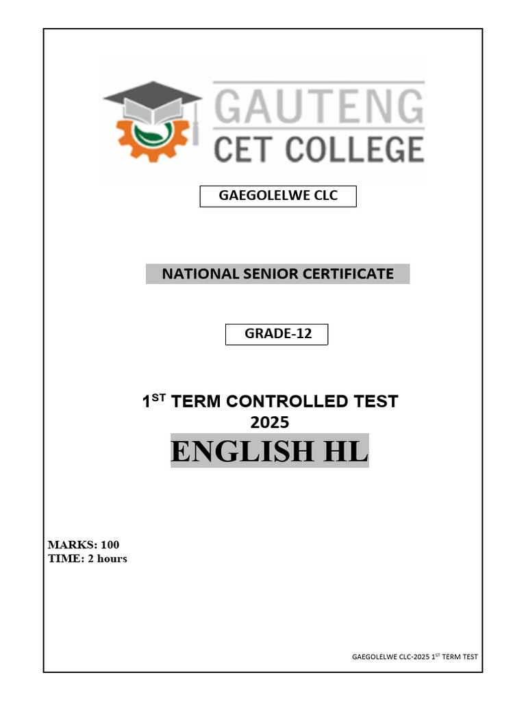 GRADE 12 NSC ENGLISH HOME LANGUAGE 1ST TERM TEST | PDF