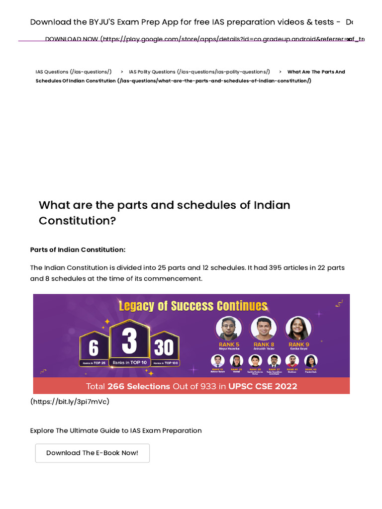 Indian Constitution: Parts & Schedules | PDF | Government | Government ...