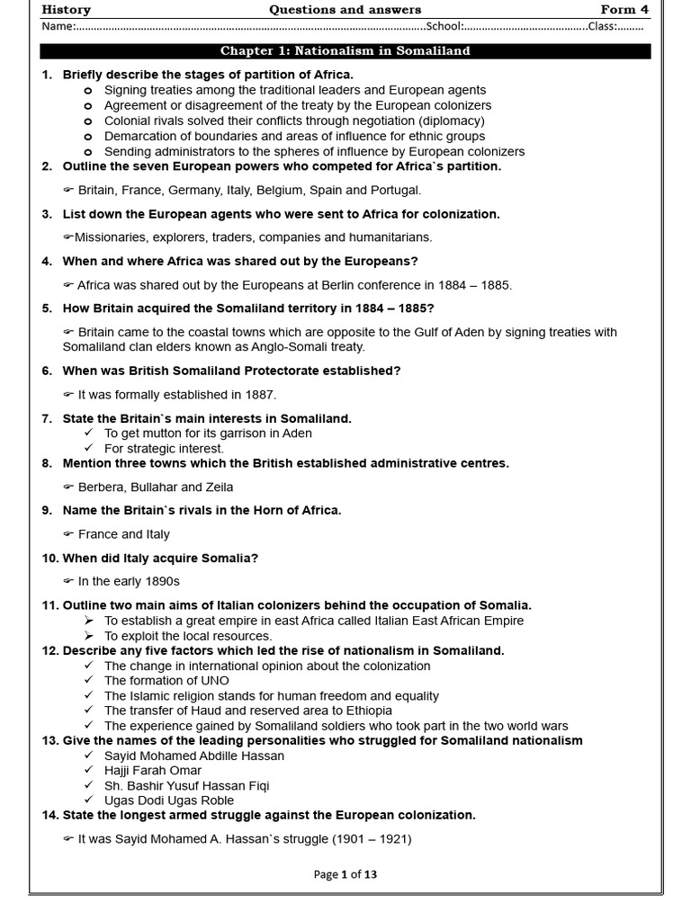 History F4 Q & A | PDF | Somalia | League Of Nations
