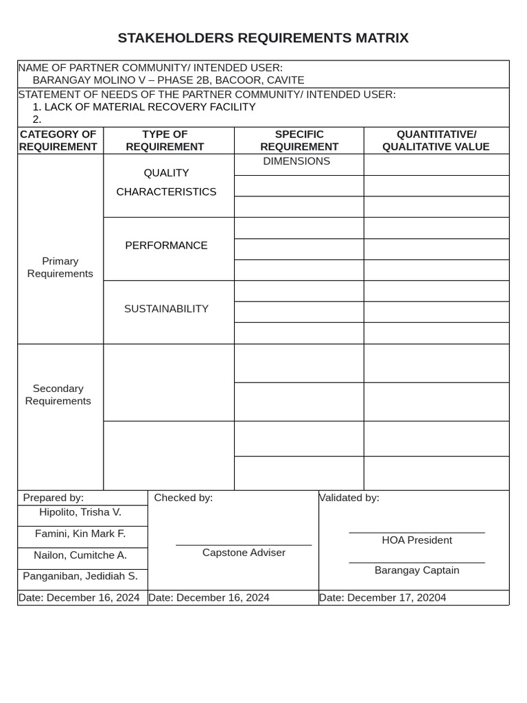 Stakeholders Requirements Matrix | PDF