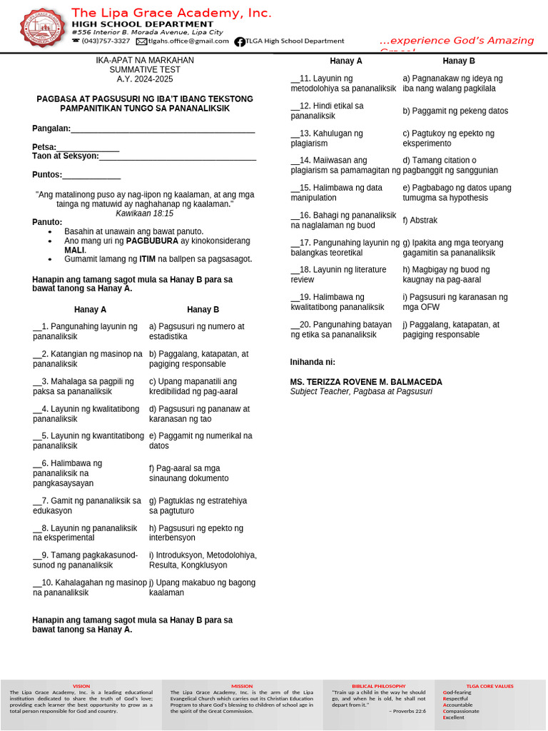 Summative Test Q4 - PAGBASA AT PAGSUSURI | PDF