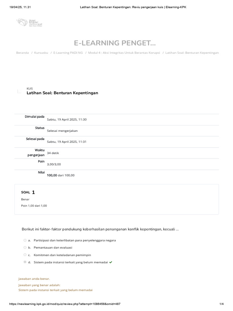 2.latihan Soal - Benturan Kepentingan - Reviu Pengerjaan Kuis - Elearning-KPK | PDF