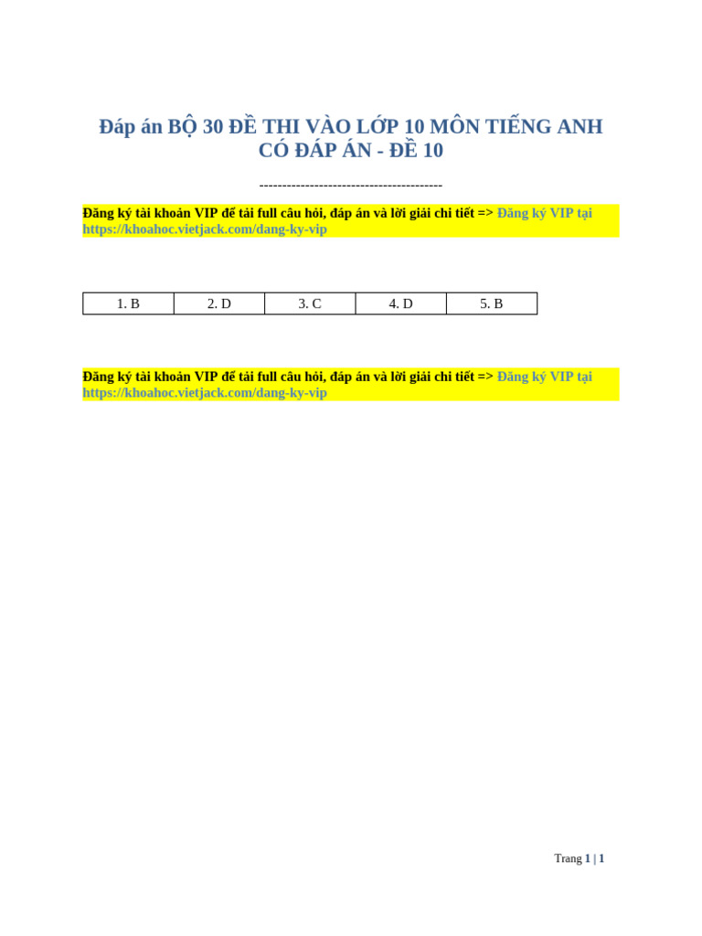 Bo 30 de Thi Vao Lop 10 Mon Tieng Anh Co Dap An de 10 - 2025 - 04 - 22 | PDF