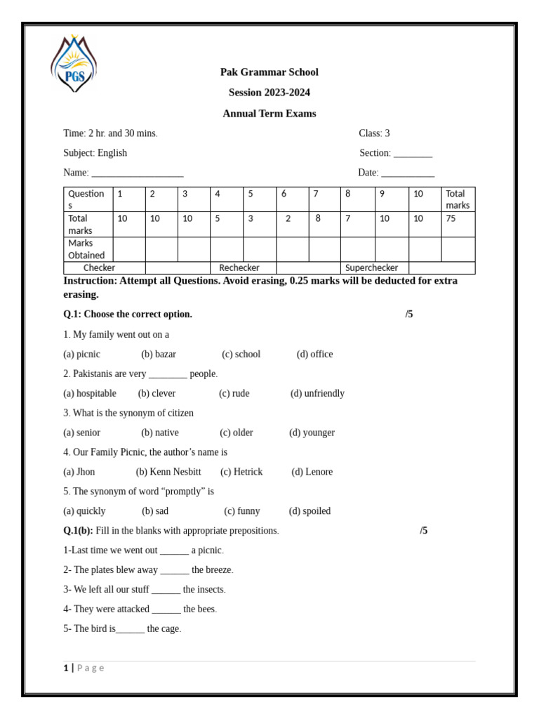 Class 3 English Exam Paper 2023-24 | PDF | Linguistics