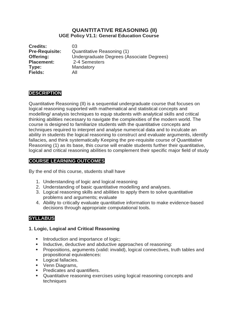 Quantitative Reasoning II Course Outline | PDF | Logic | Statistics