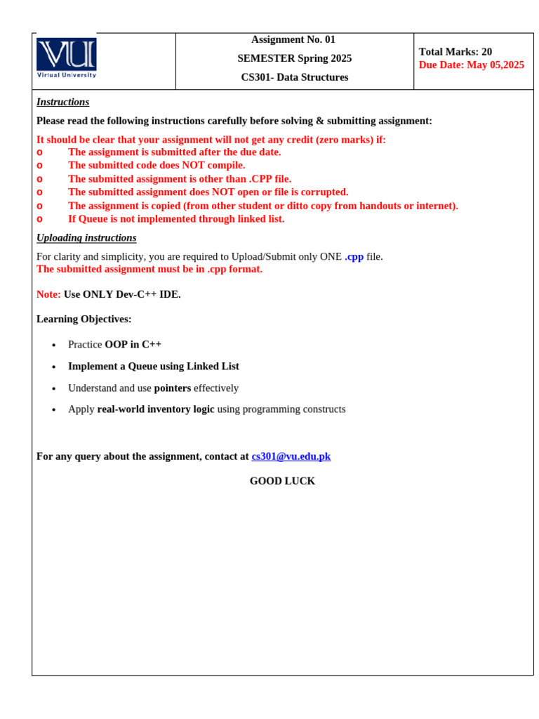 Spring 2025 - CS301 - 1 | PDF | Queue (Abstract Data Type) | Computer Programming