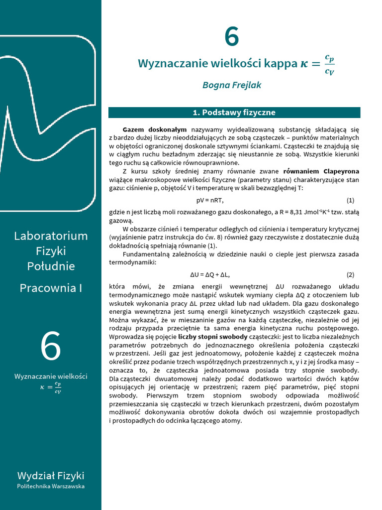 Wyznaczanie Wielkości Kappa: Laboratorium Fizyki Południe Pracownia I | PDF
