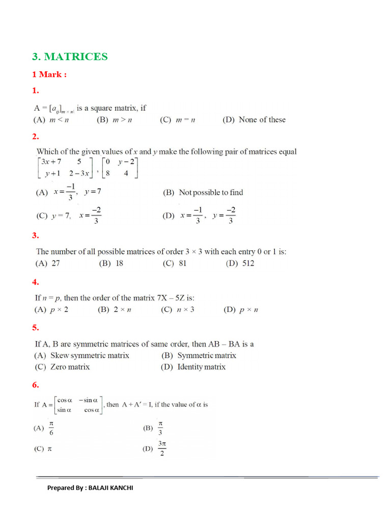 MATRICES Worksheet | PDF