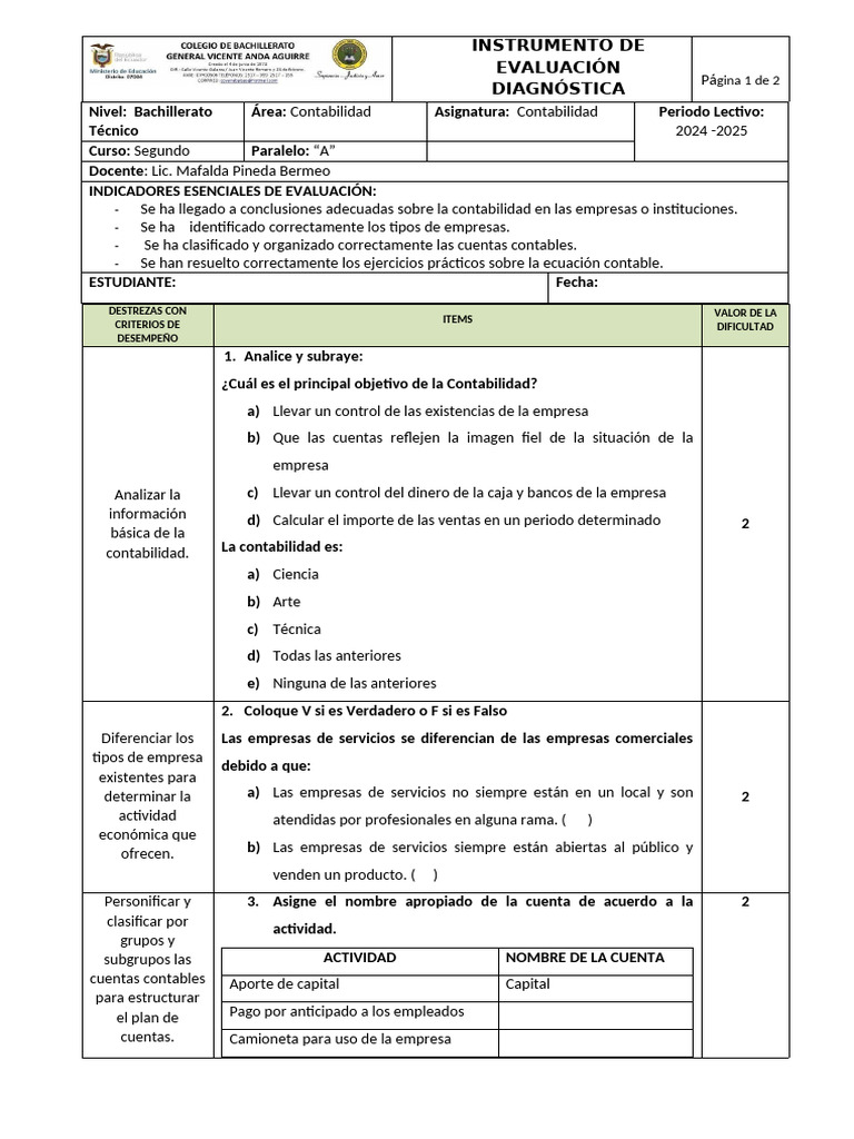 Eval. Diagnóstica 2do Contabilidad | PDF | Contabilidad | Business