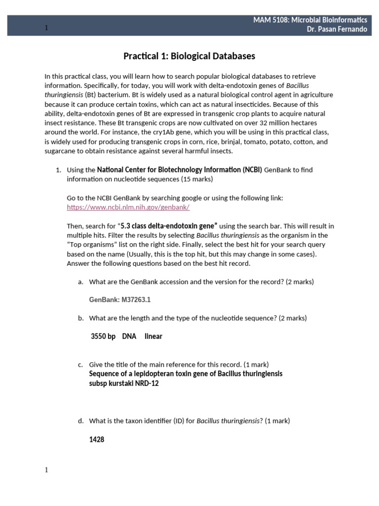 Pr1 Biological databases practical | PDF | National Center For Biotechnology Information | Gen Bank