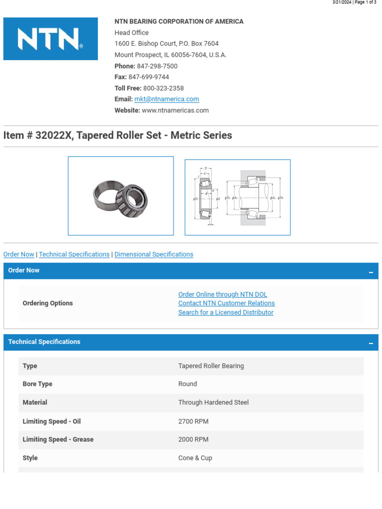 NTN Tapered Roller Bearing 32022X | PDF | Mechanical Engineering
