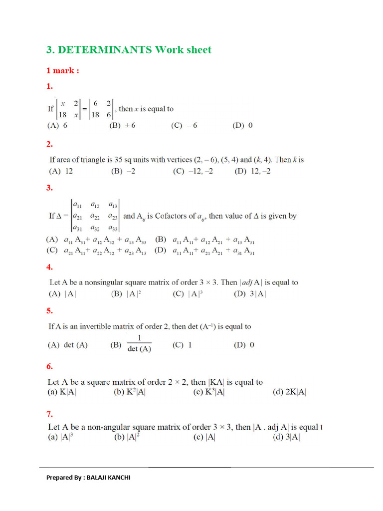 DETERMINANTS Work Sheet | PDF