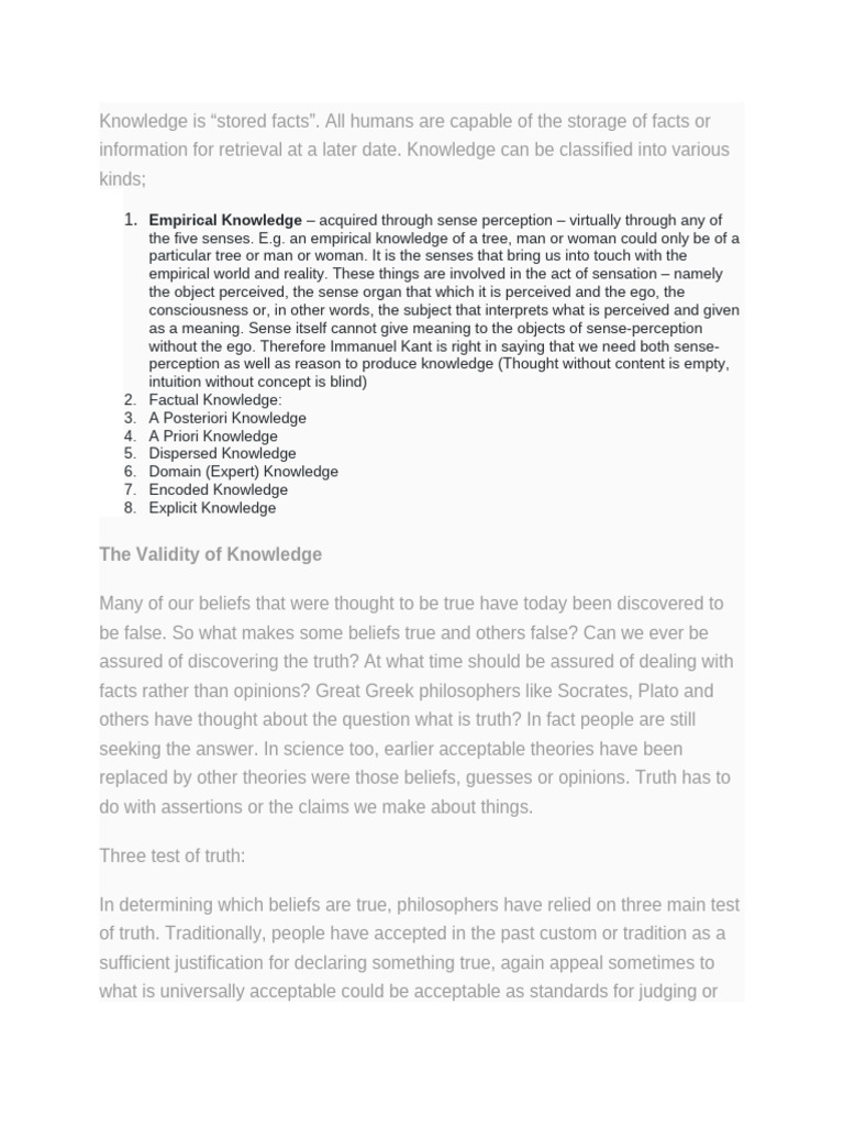 Kinds of Knowledge GST 302 Note 2 | PDF | Knowledge | Truth