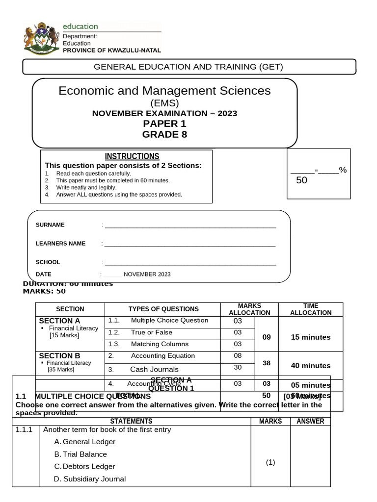 Ems p1 8 Question Paper Final 2023 | PDF | Equity (Finance) | Cash
