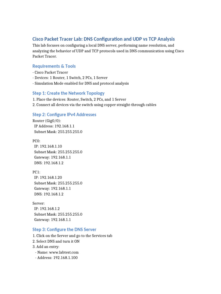 DNS UDP TCP Lab PacketTracer | PDF