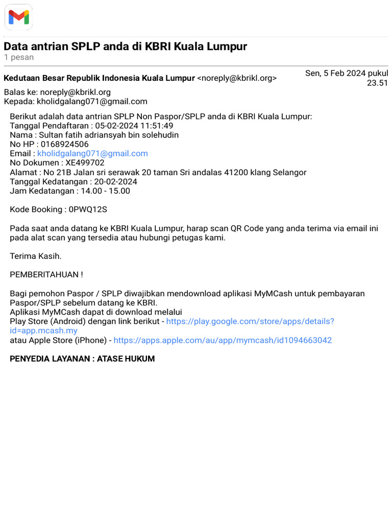 Data Antrian SPLP KBRI Kuala Lumpur | PDF