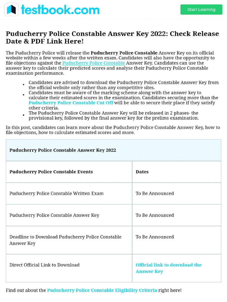 Puducherry Police Constable Answer Key 2022 - Check Release Date & PDF ...