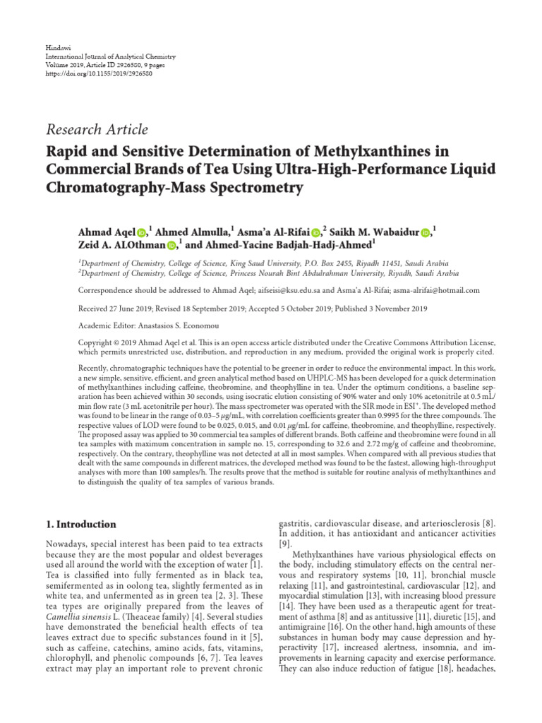 Rapid and Sensitive Determination of Methylxanthines in Commercial Brands of Tea UPLC-MS | PDF ...