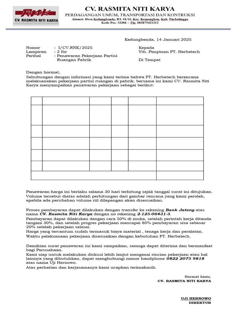 FIKS Surat Penawaran Pekerjaan Partisi Ruangan Pabrik Kepada PT. Herbatech Dari CV. Rasmita Niti ...