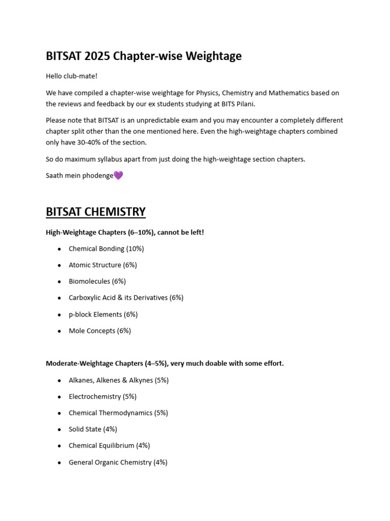 BITSAT Chapterwise Weightage | PDF | Physics | Applied And Interdisciplinary Physics