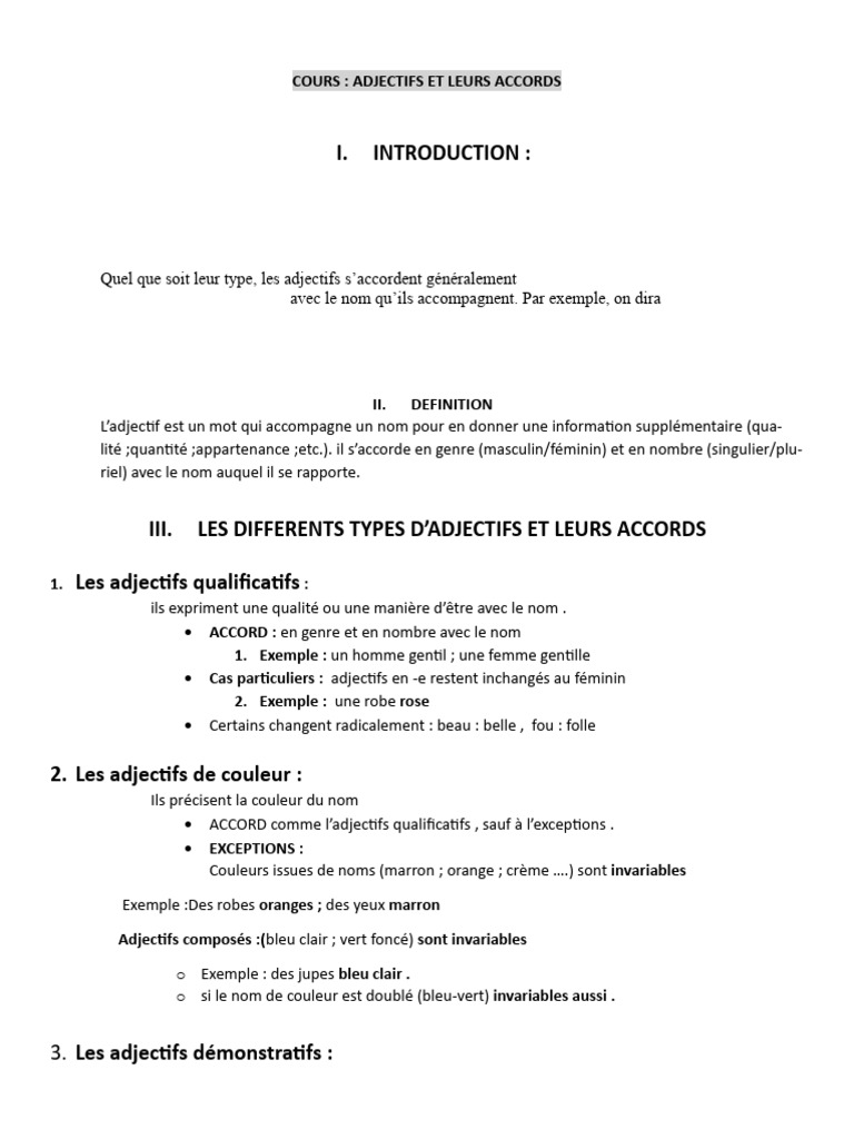 Types et accords des adjectifs en français | PDF | Genre grammatical ...