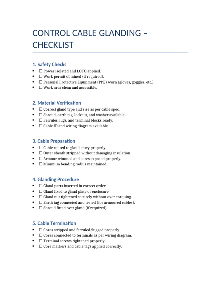 Control Cable Glanding Checklist | PDF