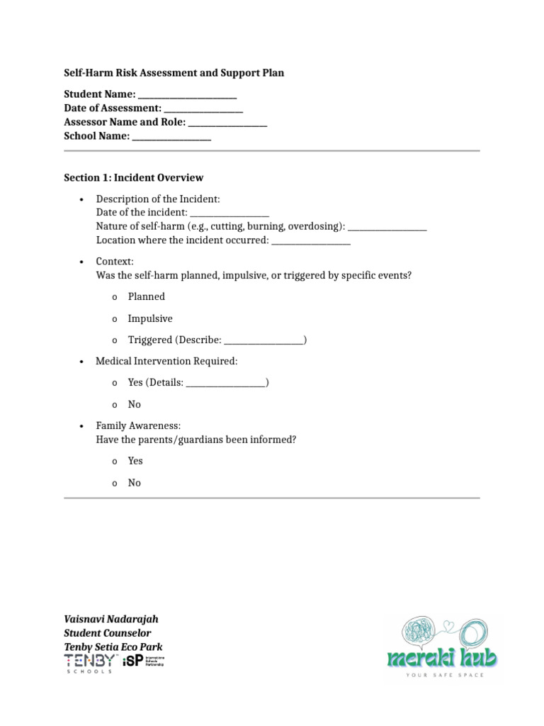 Self-Harm Risk Assessment Template | PDF | Self Harm | Psychology