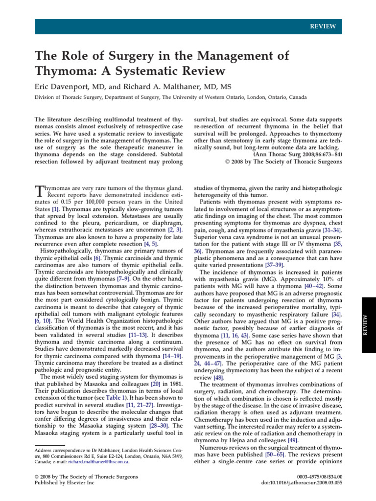 Surgery in Thymoma Systematic Review Davenport2008 | PDF | Thymus | Diseases And Disorders