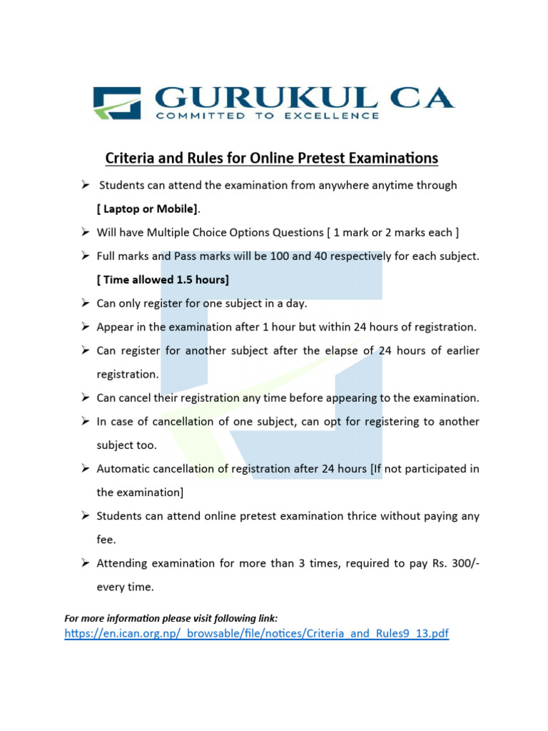 Criteria and Rules For Online Pretest Examination | PDF